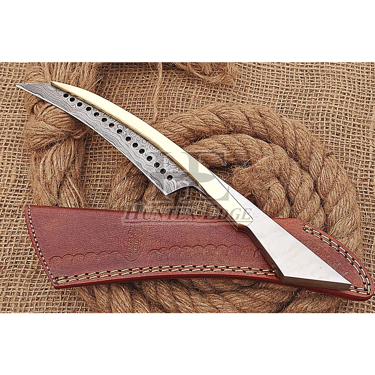 HUNTEX Custom Handmade Hand-Forged Rain Drop Pattern Damascus Steel 11 Inch Long Full Tang Steel-Brass Handle Razor Sharp Hunting Camping Hawkbill Knife w/Genuine Leather Pouch