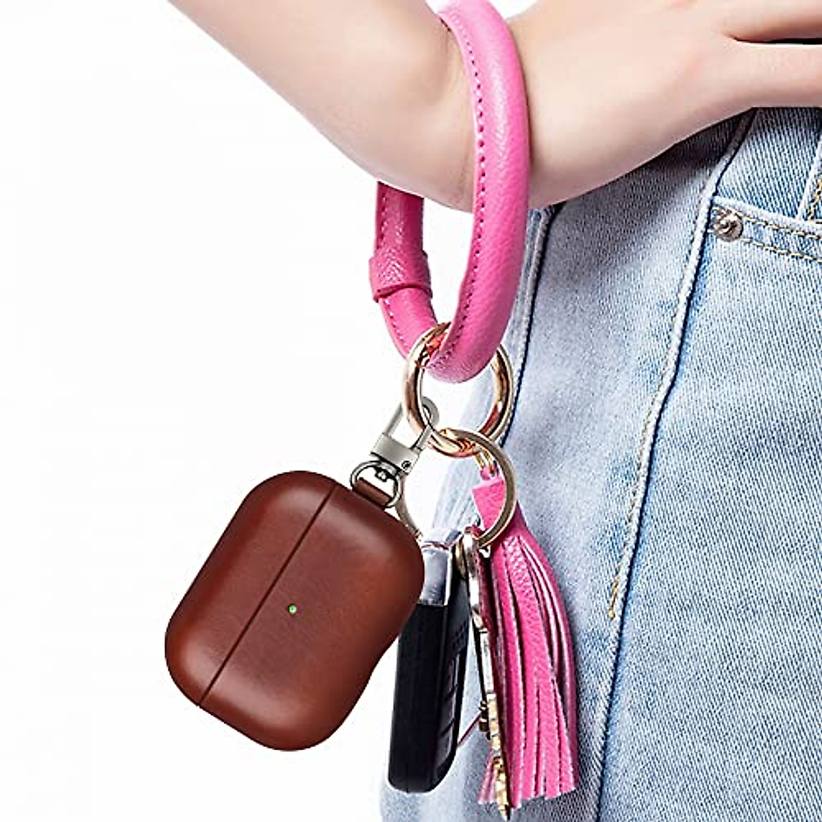 MAOGOAM Necklace Leather Case for AirPods Pro 2 with Clips and Button, Genuine Crystal Tanned Oil Wax Leather Case for AirPods Pro 2nd Generation 2022 with Keychain, Elegant Style, Dark Brown