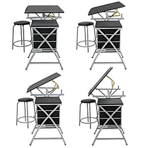 JupiterForce Drafting Table with Tiltable Tabletop and Stool, 3 Storage Drawers, Art Desks for Adults, Painters, Work Station, Home Office, Black