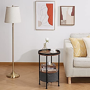 Industrial 2-Tier Round End Table,24" High Rustic Side Table with Full-arrest Tray and Storage Basket, Home Office Coffee Snack Nightstand Bedside Table Laptop Desk for Living Room Bedroom/Brown