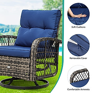 YITAHOME 3 Piece Patio Outdoor Swivel Glider Rocker Wicker Patio Bistro Rocking Set with Wood-Grain Table for Garden, Backyard and Balcony (Navy Blue)