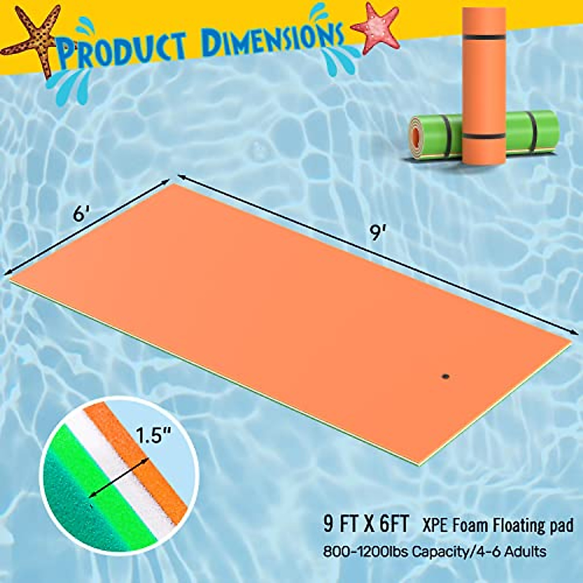 Big Floating Mat Water Foam Pad for Pools, Lakes, Oceans, Giant Lily Pad Pool Float for Water Recreation and Relaxing (Green-White-Orange,9FT)