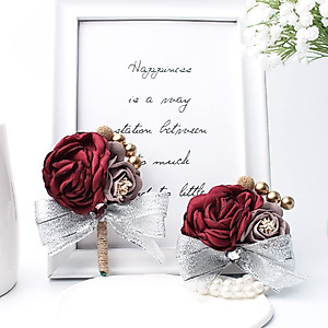 WANLIAN Wrist Corsage,Corsage and Boutonniere Set Bridesmaid Wedding Flower Corsages And Hand Flower Set of 2 for Wedding Prom Party (Red)