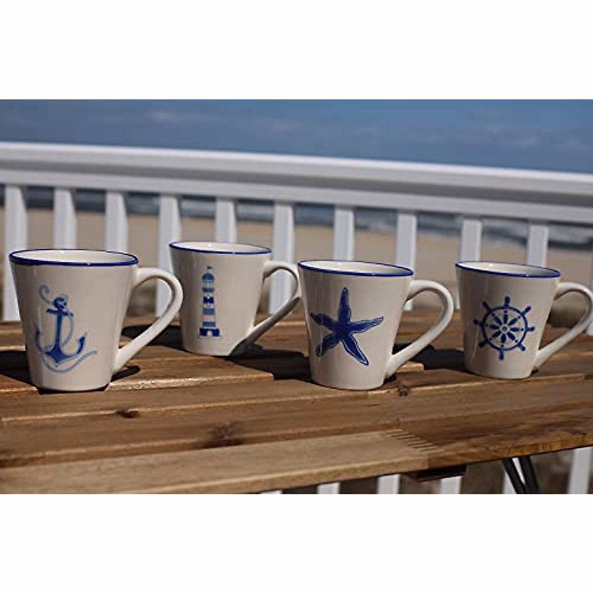 Euro Ceramica Ahoy Collection Nautical Ceramic Coffee/Tea Mugs, 13.5oz, Set of 4, Assorted Designs, Blue & White