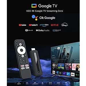 KD3 Google TV OS Android 11.0 Netflix 4K Video YouTube Streaming TV Stick AV1 Supported 2GB RAM 8GB ROM Google Assistant Free OTG Cable