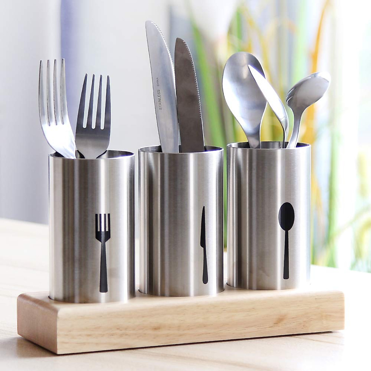 Aviddom Silverware Holder Stainless Steel Utensil Cutlery with Caddy and Bamboo Wood Base for Spoons Knives Forks Silverware Display Organizer Kitchen Dinner Table