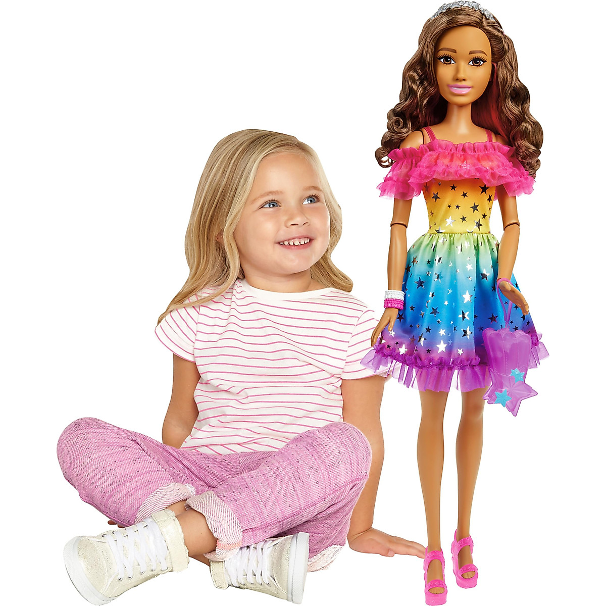 Barbie Large Doll with Brown Hair, 28 Inches Tall with Rainbow Dress & Styling Accessories Like Shooting Star Handbag