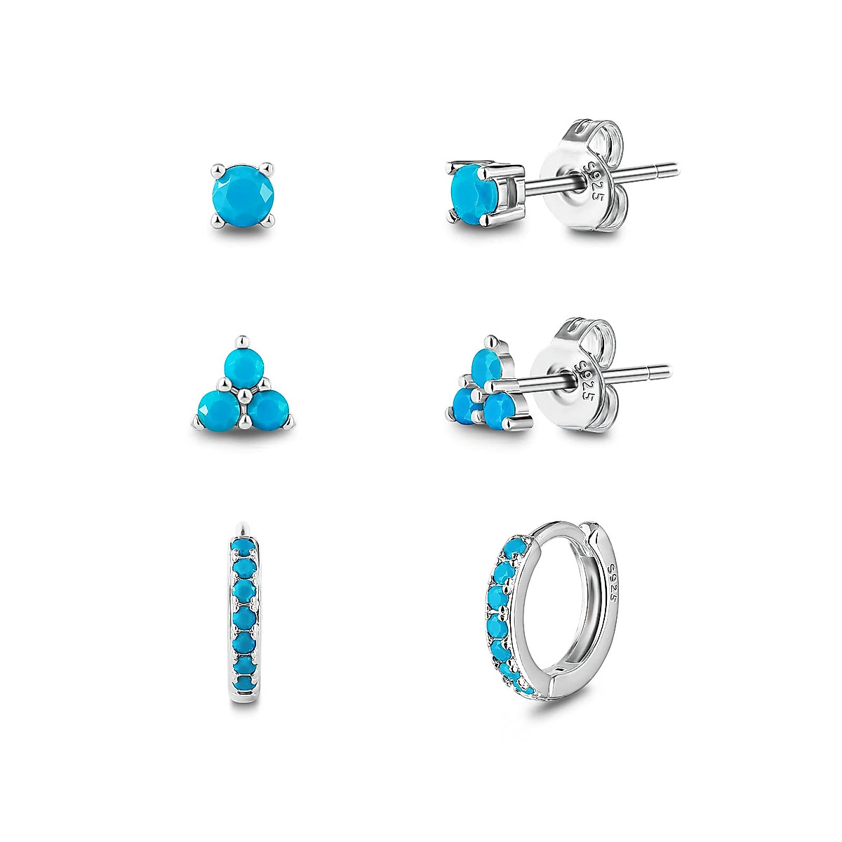 Turquoise Stud Hoop Earring Set: 3 Pairs Earring Set Silver Huggie Hoop & Triangle Round Shape Small Stud - Simple Hypoallergenic Ear Jewelry Trendy Gemstone Gift for Women (A-Silver)