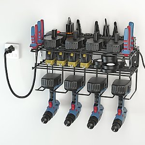 Heavy Duty Tool Organizer with charging station, 3 Layers Garage Pegboard Tool Rack, Power Tool Organizer Wall Mounted with 7 -Hole outlets Surge Protector, 4 Power Drill