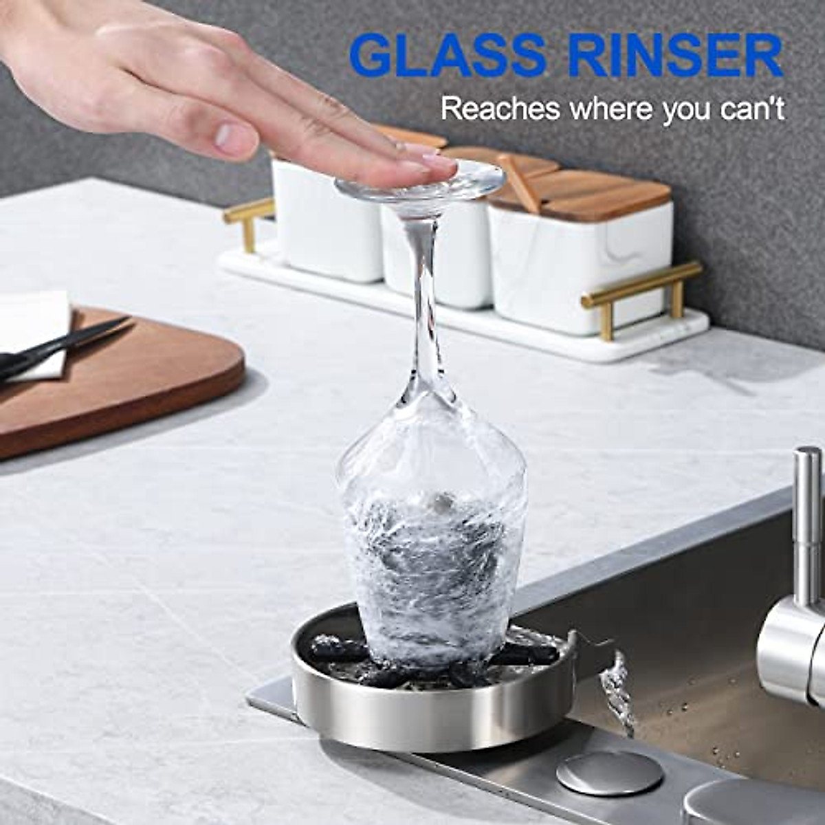 𝟮𝟬𝟮𝟯 𝗡𝗲𝘄 Metal Glass Rinser for Kitchen Sink - 360° Rotary Cup Washer with Brush, Faucet Cup Rinser Cleaner Kitchen Sink Bottle Washer for Bar, Brushed Nickel