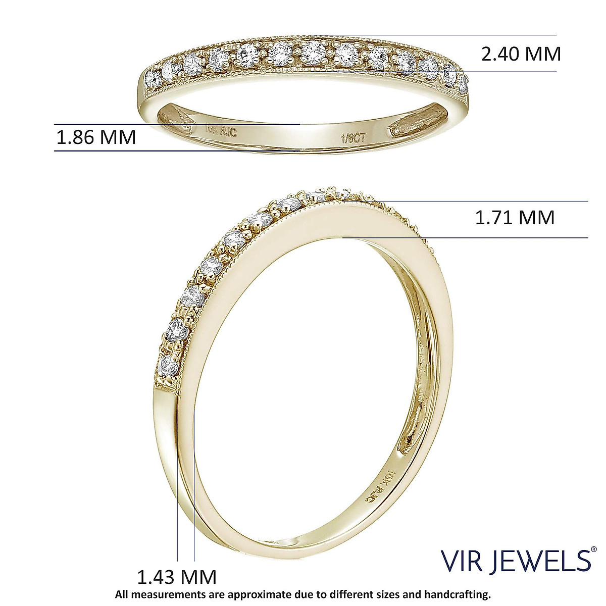 Vir Jewels 1/6 carat (ctw) Diamond Wedding Anniversary Band for Women, Half Eternity Petite Round Diamond Engagement Ring 10K Yellow Gold Prong Set with Milgrain 0.16 cttw, Size 5