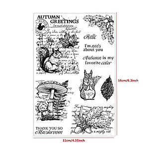 Arbuya Autumn Squirrel Clear Stamps for Journaling or Card Making, Nuts Mushroom Sentiment Rubber Stamps for Journals Planners Scrapbooking Paper Crafting
