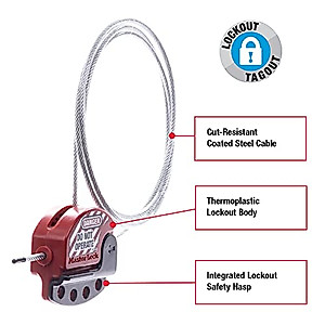 Master Lock S806 Adjustable Lockout Tagout Steel Cable, 5/32" Diameter, Black/Red
