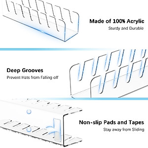 4 Pack Hat Storage Organizer for Baseball Caps - Acrylic Hat Display Rack for 28 Ball Caps, No Install Hat Stand Shelf for Trucker Hat and Golf Cap, Hat Holder for Closet, Bedroom (Clear)