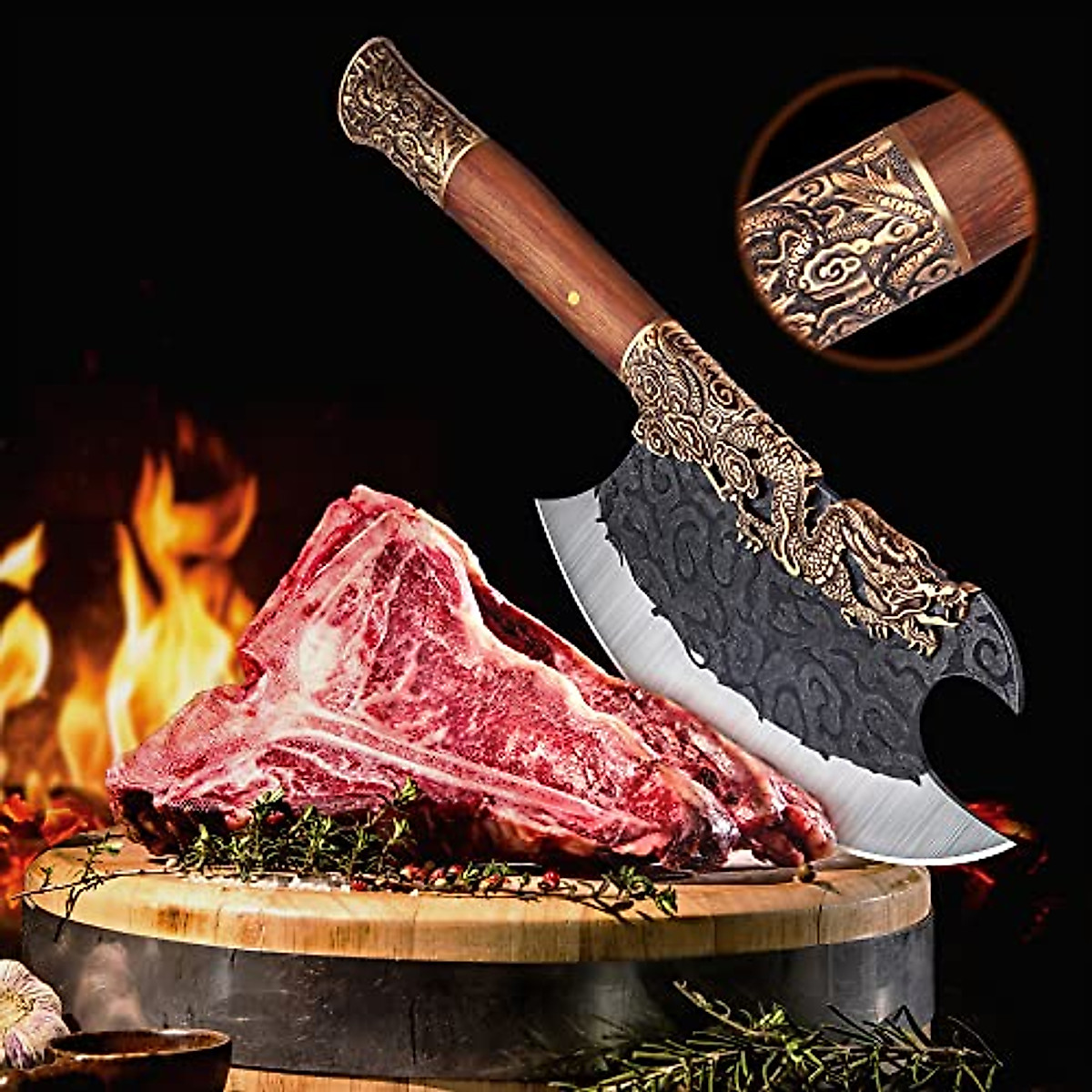 TIVOLI Heavy Duty Bone Chopping Axe, Bone Cutting Knife, Forged Carbon Steel Butcher Meat Cleaver, Multipurpose Bone Chopper Knife with Wood Handle Perfect for Kitchen Outdoors