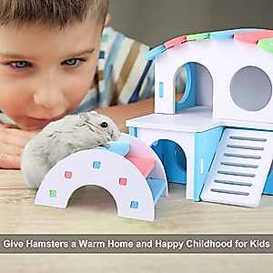 Tiibot 8 Pieces Fun Hamster Toys DIY Wooden Gerbil Hideout Include Swing Seesaw Rainbow Villa Bear's Nest Fitness Circle Arch Bridge Bell Roller Snail House for Sport Exercise Small Animals, Blue