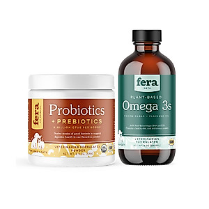 Fera Pets Probiotics and Plant Based Omega 3s, 6, 9 Bundle for Dogs and Cats – All Natural Probiotic Powder with 5 Billion CFUs Per Scoop – Omega 3s for Healthy Skin, Coat, and Immune System (8oz.)
