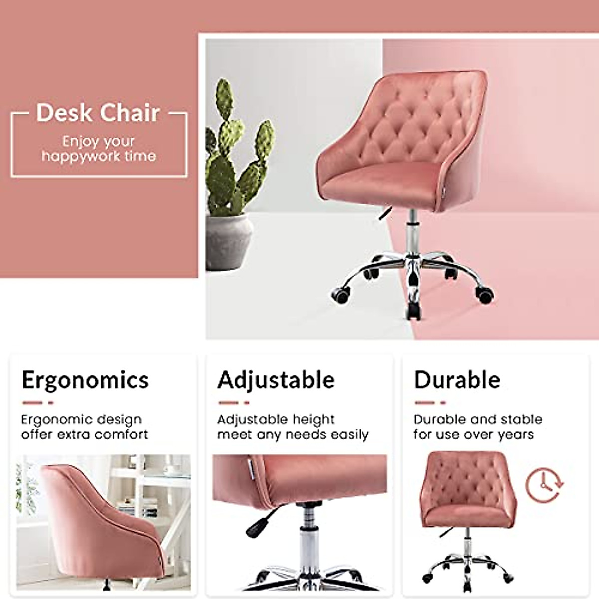 Recaceik Home Office Desk Chairs, Adjustable Swivel Ergonomic Office Chair, Soft Velvet Computer Desk Task Chairs for Home Office, Bedroom, Living Room, Study, Light Pink