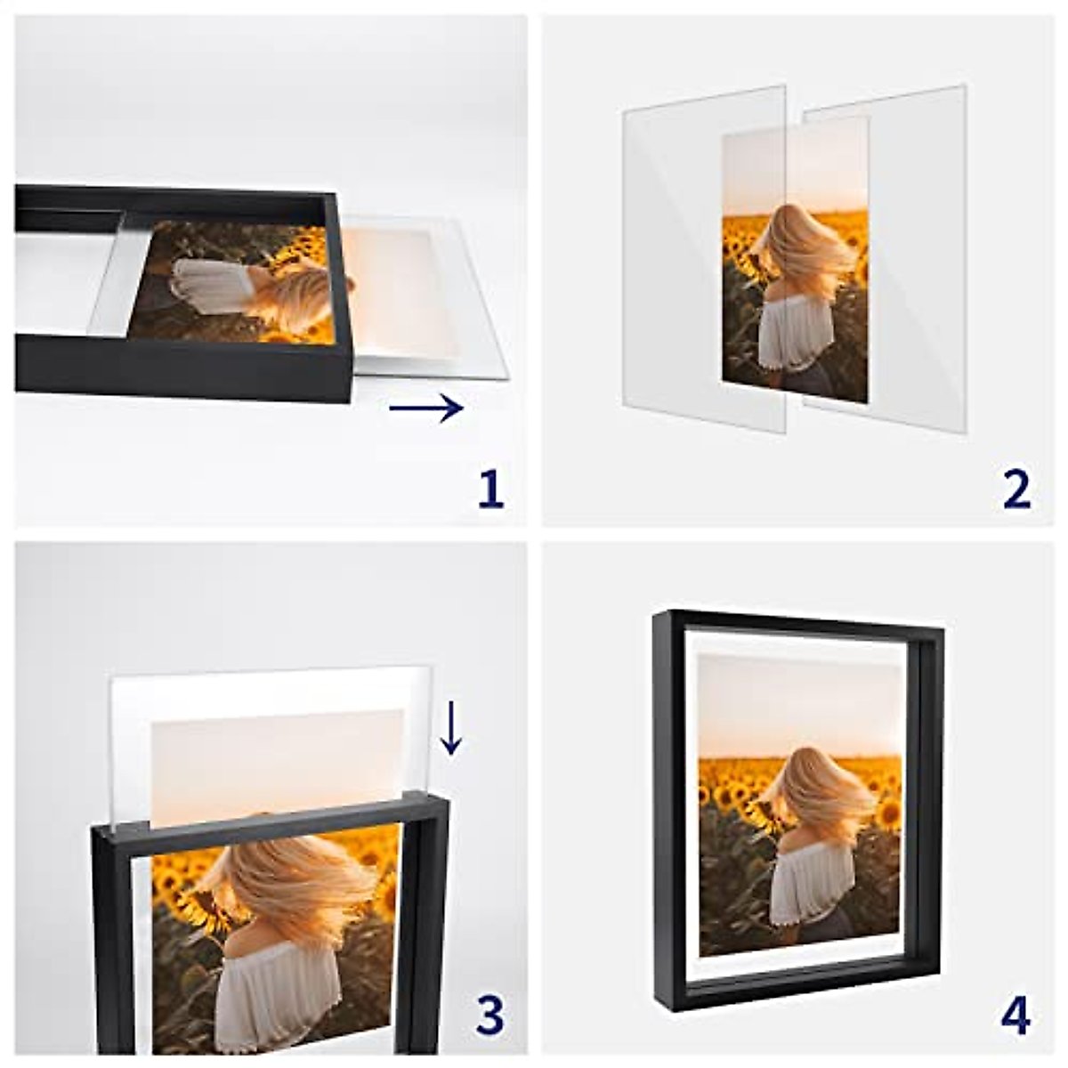 WIFTREY Black 8x10 Floating Picture Frame 2 Pack, Double Glass Distressed Floating Photo Frame for Tabletop or Wall Mount, Displays Photo up to 10x12