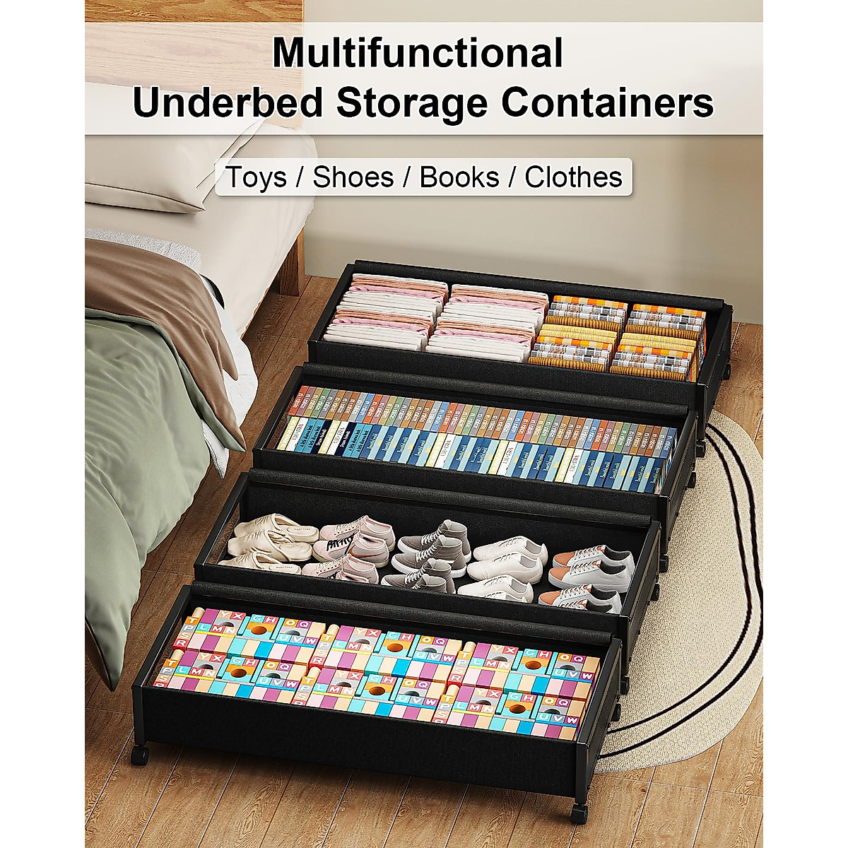 Fokyfok 2 pack Under the Bed Storage Containers,36" Underbed Storage with Wheels,Under Bed Shoe Storage,Under Bed Rolling Storage,Large Under Bed Storage,Underbed Drawers,Underbed Storage with Lid