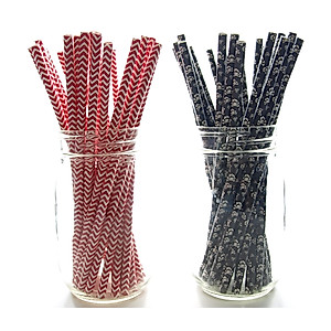 Pirate Party Straws, Skull & Crossbones Skeleton Straws (50 Pack) - Black & Red Halloween Pirate Birthday Party Supplies & Table Decorations, Halloween Paper Straws