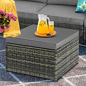 YIYAN Outdoor Patio Ottoman PE Rattan Footstool All Weather Outdoor, Wicker Rattan Outdoor Ottomans Footrest Seat with Removable Cushion(Gray)