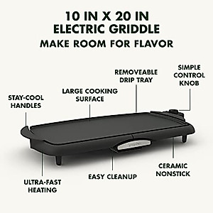 GreenPan Healthy Ceramic Nonstick, Extra Large 20" Electric Griddle for Pancakes Eggs Burgers and More, Stay Cool Handles, Removable Drip Tray, Adjustable Temperature Control, PFAS-Free, Black