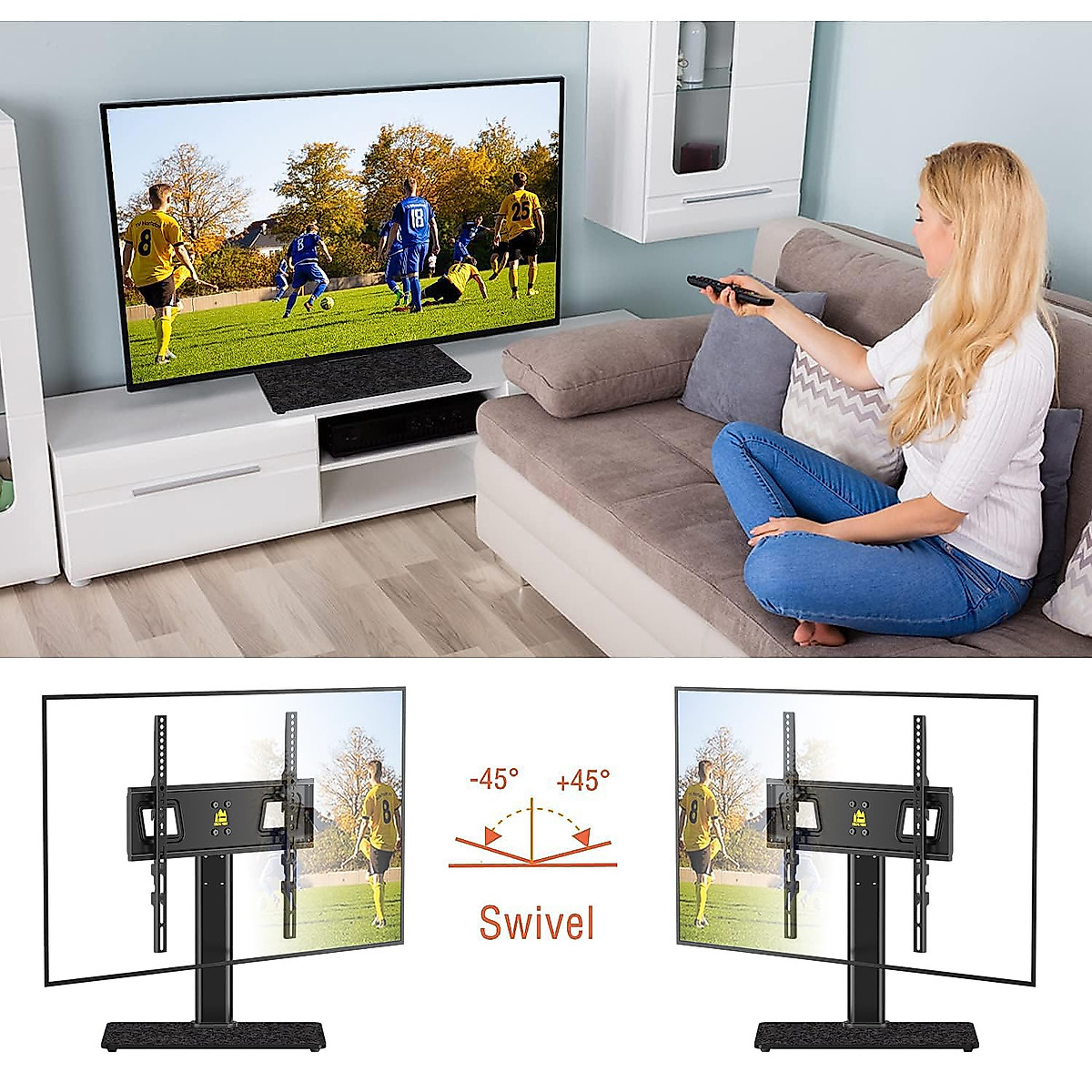 FORGING MOUNT Universal Swivel TV Stand with Tempered Glass Base for 26-55" TVs-Height Adjustment Tabletop TV Base Stand Mount, Holds up to 88lbs, Max VESA 400x400mm