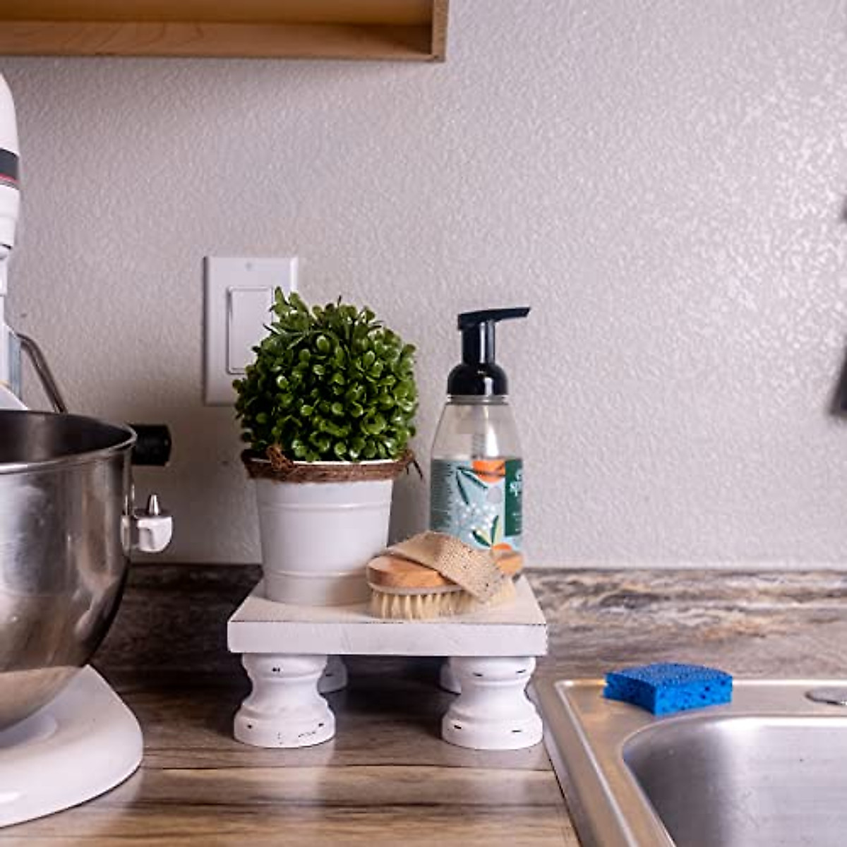 Decorative Riser Pedestal display stand, Display bathroom and home décor, risers for display of farmhouse kitchen decor, wood riser tray (White Feet)