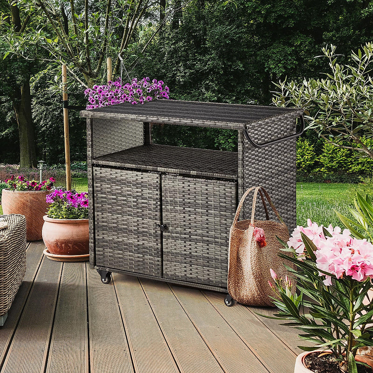 Danrelax Outdoor Storage Cabinet, Patio Storage Box with Handles, Waterproof Liner and 4 Universal Wheels, Fade-resistant PE Rattan Storage Box for Cushions, Gardening Tools, Outdoor Deck Box, Gray