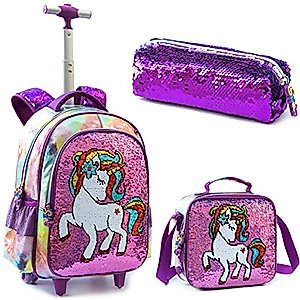 Egchescebo 3PCS Girls School Kids Rolling Backpack With Wheels Trolley Wheeled Backpacks for Girls Travel Bags Girls Backpack With Lunch Box Purple