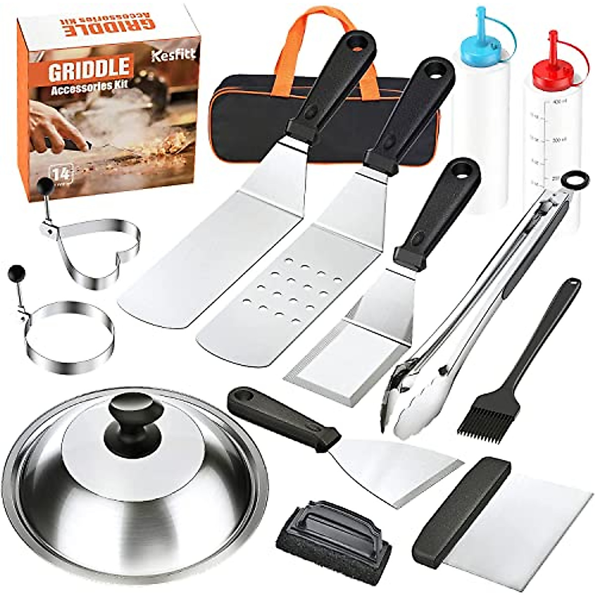 Blackstone Griddle Accessories Kit, 14pcs Flat Top Grill Accessories Set for Blackstone and Camp Chef, Enlarged Spatulas, Basting Cover, Scraper, Tongs, Grill Spatula Kit for Outdoor BBQ