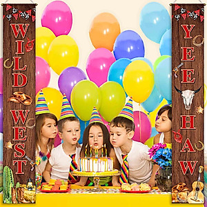 Funnytree Western Cowboy Yee Haw Theme Porch Sign Door Cover Banner for Wild West Cowgirl Birthday Welcome Party Supplies Decorations Flag Hanging Home Wall Decor Sign 11.8x70.9 Inch 2PCS