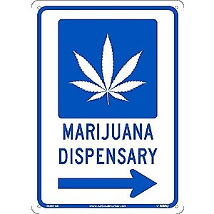 NMC M487AB Notice – Marijuana Dispensary Arrow Sign - 14 in. x 10 in. Aluminum Notice with Right Arrow, Marijuana Graphic, Blue Text on White