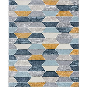 Well Woven Everleigh Honeycomb Hexagon Geometric Blue, Mustard Gold, Grey Area Rug 8x11 (7'10" x 9'10")