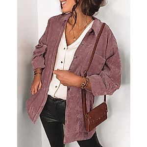 Saslax Womens Corduroy Shirt Long Sleeve Oversized Button Up V Neck Blouses Tops Loose Shacket Jacket with Pockets Mauve L