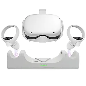 VR Charger Dock for Quest 2 Accessories, Station Stand for Charging Meta/Oculus Quest 2 Controller Headset with Elite Strap Attached (includes 2 x 2100mAh Rechargeable Batteries)