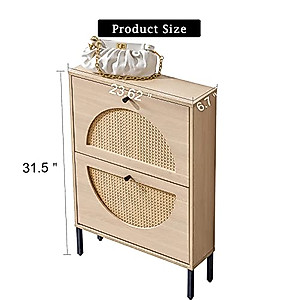 Shoe Storage Cabinet, Wekity Rattan Shoe Cabinet with 2 Flip Drawers, Narrow Free Standing Shoe Cabinet for Heels Slippers Boots, Wood Shoe Storage Organizer for Entryway Hallway 6X23X31 Inch (Nature)