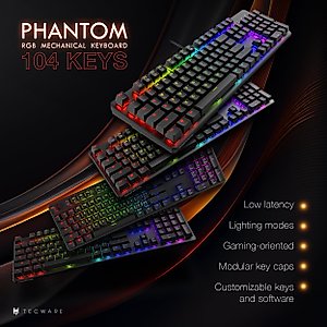TECWARE Phantom 104 Key Full Size RGB Mechanical Gaming Keyboard with Numpad, LED Backlit, Typewriter Sound, Clicky Switch, Outemu Blue