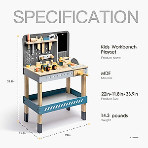 ROBUD Tool Bench Set for Toddlers Wooden Workbench Toy Workshop Construction Tools Bench Creative Pretend Play Toys Education Gift for Kid Boys Girls