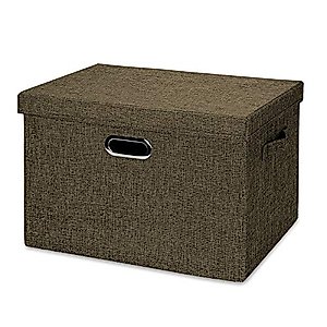 Foldable Storage Bins with Lid, Collapsible Linen Fabric Clothing Toy Storage Box Cubes Basket Containers for Shelf Cabinet Bookcase Boxes (Brown, Medium(15x10x10inch))