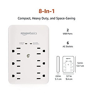 Amazon Basics 6 Outlet, Wall Mount Surge Protector, Power Strip, 2 USB ports 3.4A, 1080 Joules