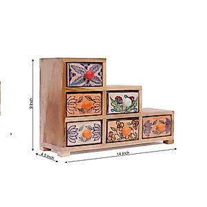 Tyagi-Export -Staircase 6 Drawer Wide Ceramic Organizer Storage Cabinet Chest of Drawers Unique Pottery Wooden Drawer Box Drawers 14 x 4.5 x 9 Inch