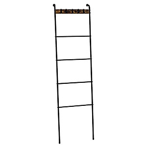 Blanket Ladder Towel Ladder for The Living Room Wall-Leaning Quilt Ladder with 5 Removable Hooks Farmhouse Decorative Bathroom Blanket Ladder Black Towel Rack for Laundry Room Outdoor Pool，Black