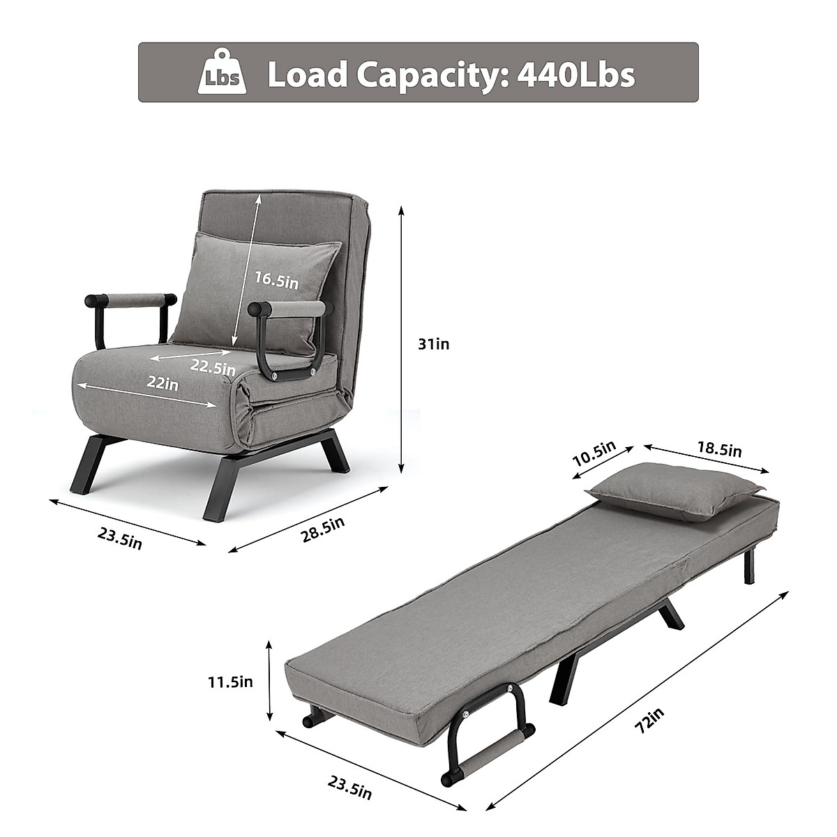 Haddockway Single Person Sofa Bed Sleeper Chair Convertible Chaise Lounge Couch,Folding Sofa Arm Chair with Pillow&5 Adjustable Backrest,Upholstered Lazy Bed Leisure Recliner for Home Office
