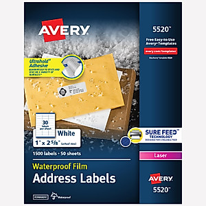 Avery Waterproof Address Labels with Sure Feed & TrueBlock 1" x 2-5/8", 1,500 White Laser Labels (5520)