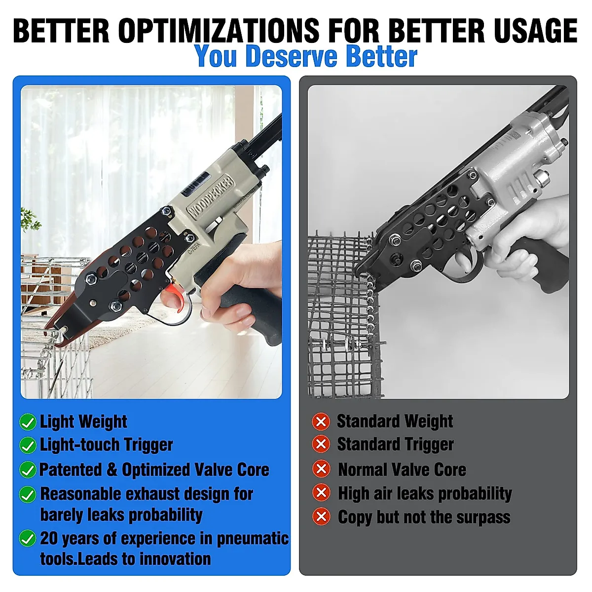 WOODPECKER C-7EF 15 Gauge Pneumatic Hog Ring Gun, Intensified Power, 3/4-inch Crown 7.0mm Closure Diameter, Air Hog Ring Plier Tool for Wire Cages, Fencing