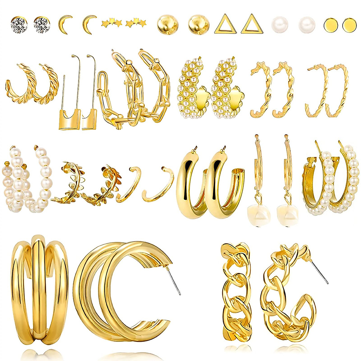 21Pairs Gold Pearl Earrings Set for Women Girls, Fashion Chain Link Hoop Stud Drop Dangle Earrings Jewelry for Birthday Party Christmas Jewelry Presents, Paperclip Hypoallergenic Earrings