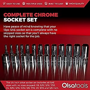 Olsa Tools SAE Socket Set (13pc) | 1/4-Inch Drive | 6-Point Deep Socket Set | Standard Imperial Sizes from 1/8" to 5/8" | Mechanic Fractional Socket Sets | Long Chrome Sockets | Professional Grade