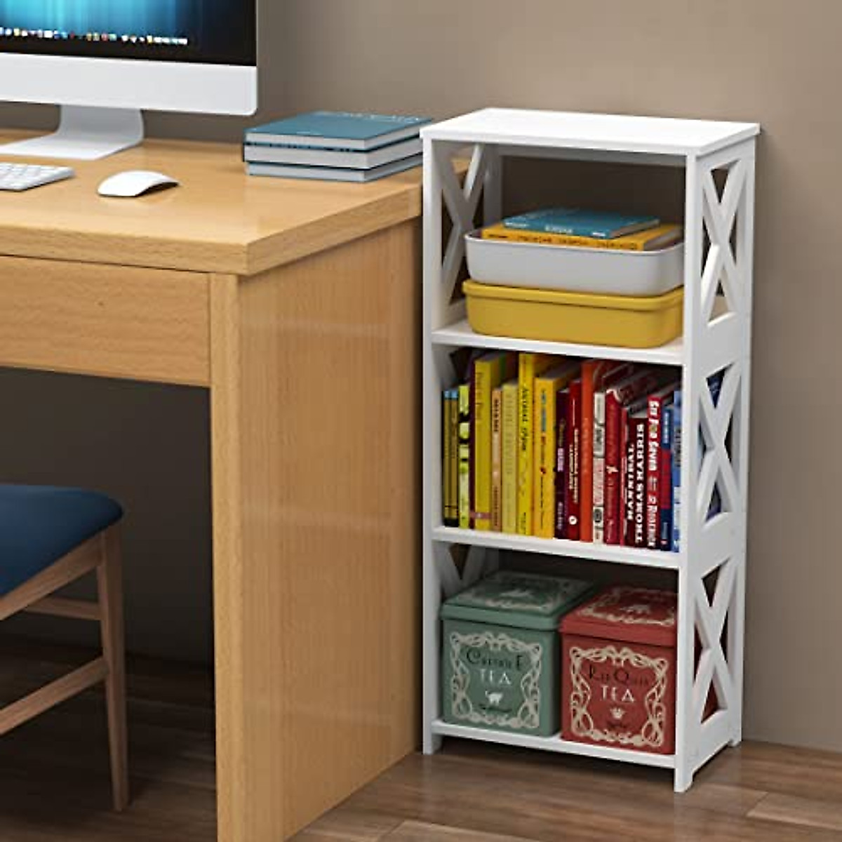 Rerii Bookcase, 4 Tier Small Bookshelf, Kids Open Shelves,Book Organizer Storage Shelf, Display Rack Table for Bathroom Living Room Bedroom Office, White